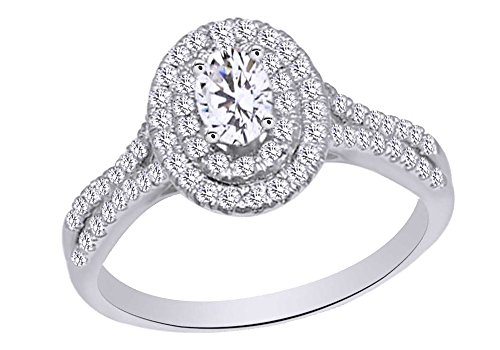 AFFY (0.62 cttw) White Natural Diamond Oval Shape Pinched Shank Double Halo Engagement Wedding Ring In 14k White Gold With Ring Size 4.5