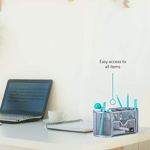 Mindspace Office Desk Organizer with 8 Compartments + Drawer | Desk Caddy Pen Holder For Office Accessories | The Mesh Collection, Silver