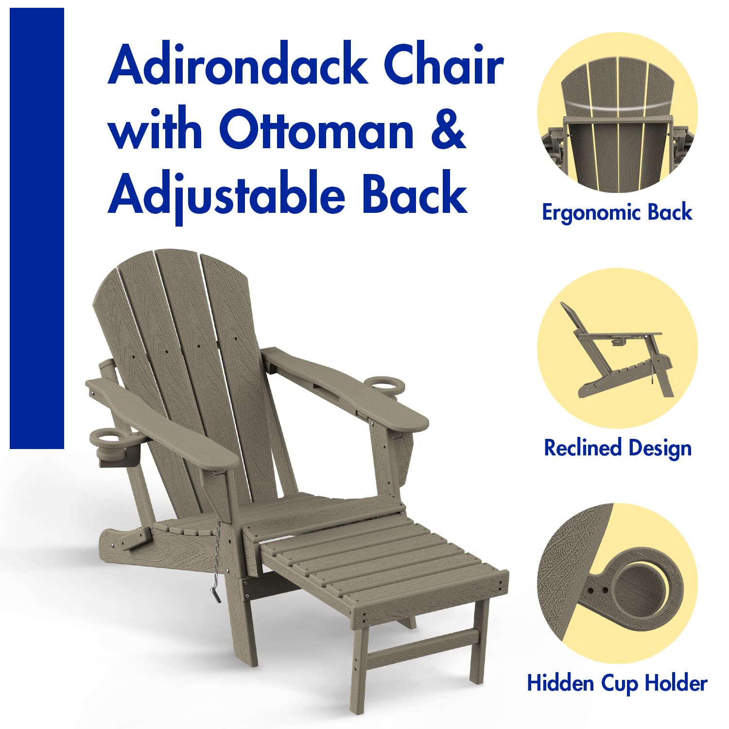 BRIOPAWS Folding Adirondack Chair with Adjustable Backrest & Ottoman, Wood Texture All-Weather HDPE Outdoor Chairs w/Cup Holders & Retractable Footrest for Poolside, Fire Pit, Campfire, Light Brown
