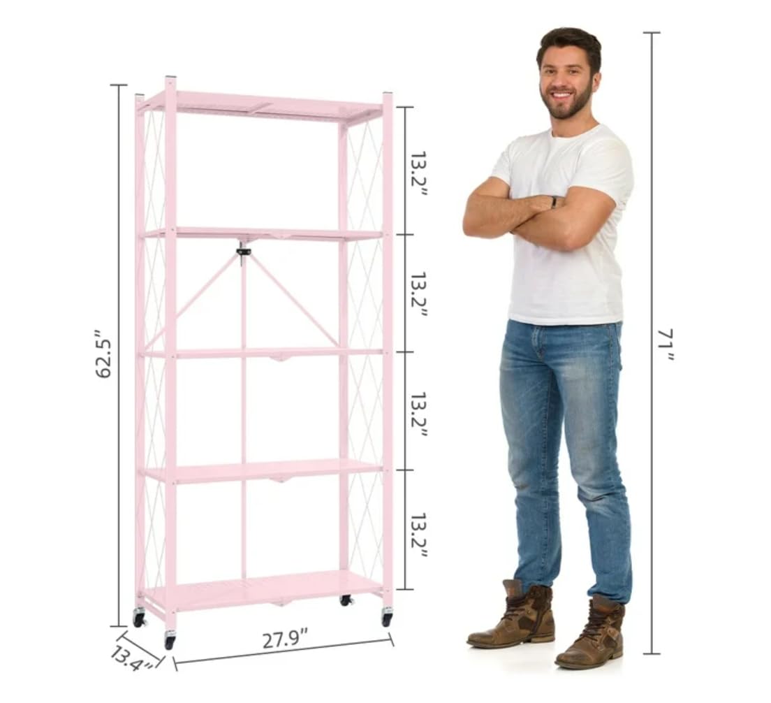 AZEITE 5-Tier Storage Shelving Unit, Heavy Duty Metal Shelf 27.9"x13.4"x62.5, Foldable Storage Shelf with Wheels, Garage Shelf, Kitchen Shelf with 4 Hooks, No Assemble Require(Pink)