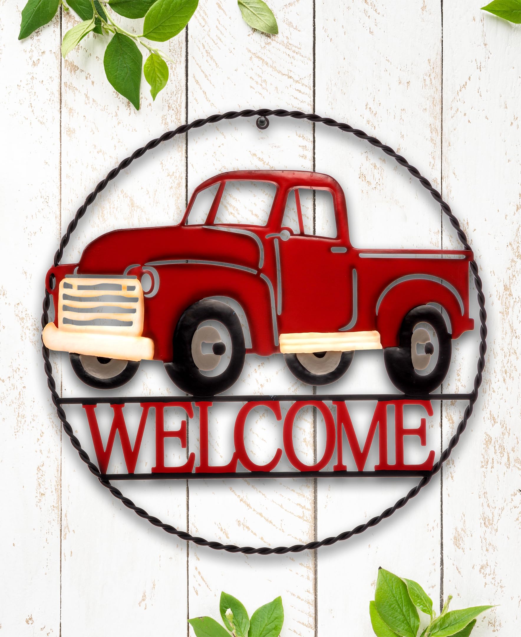 Glitzhome 23.75" L Welcome Metal Rustic Red Truck Wall Decor, Welcome Hanging Sign Decoration for Home Outdoor Indoor