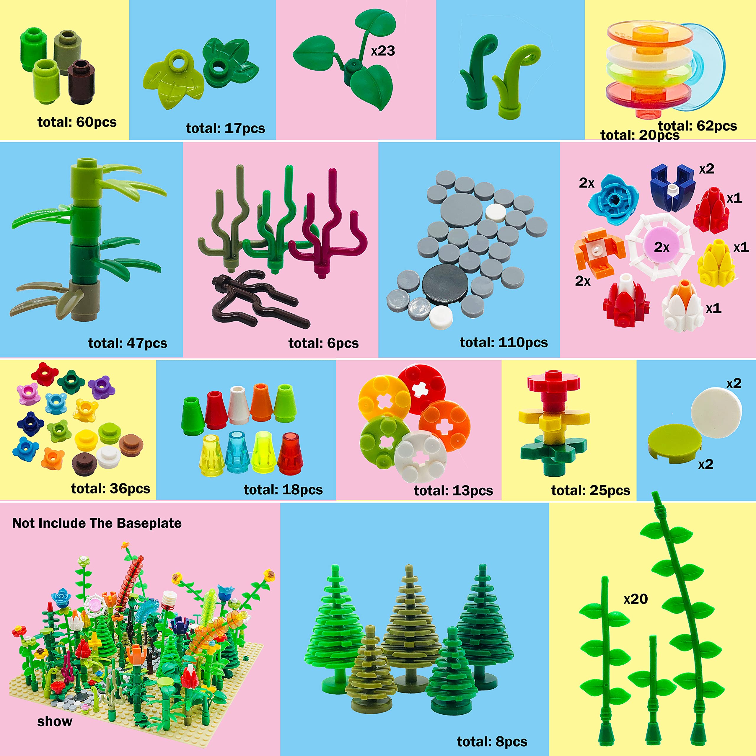 Botanical Garden Building Sets Parts,Plants Trees Jungle Flowers Leaves Grass Scenery Accessories Park House Building Bricks Toy Set for Kids 6+ (Not Include Baseplate)