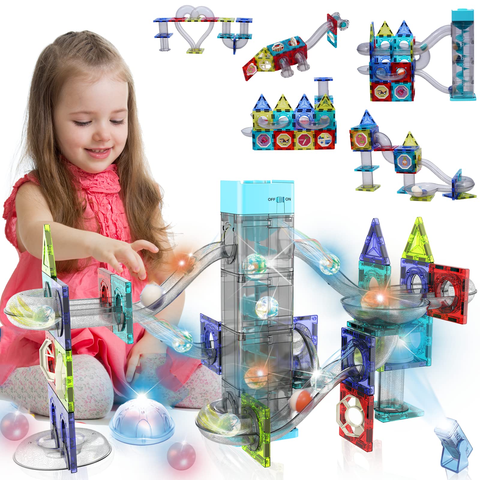 Couomoxa Elevator Magnetic Marble Run Race Track Magnetic Tiles Magnet Building Block Educational Construction Toy Play Set STEM Kit Toys for Kids Ages 3 4 5 6 7 8 10+Year Old Boys Girls Gift