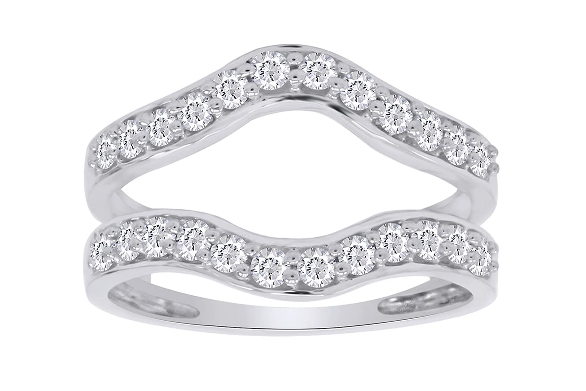 AFFY 1.14 Carat Round White Cubic Zirconia Solitaire Enhancer Guard Ring 14K White Gold Over Sterling Silver Ring Size-8.5