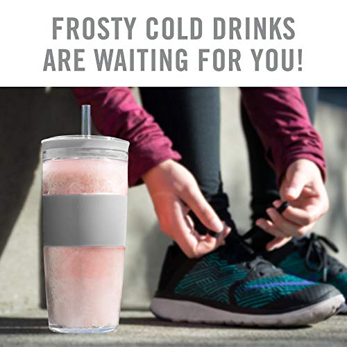 HOST Straw and Lid Plastic Double Wall Insulated Freezable Drink Chilling Tumbler with Freezing Gel Glasses for Red and White Wine, 16 oz, Grey