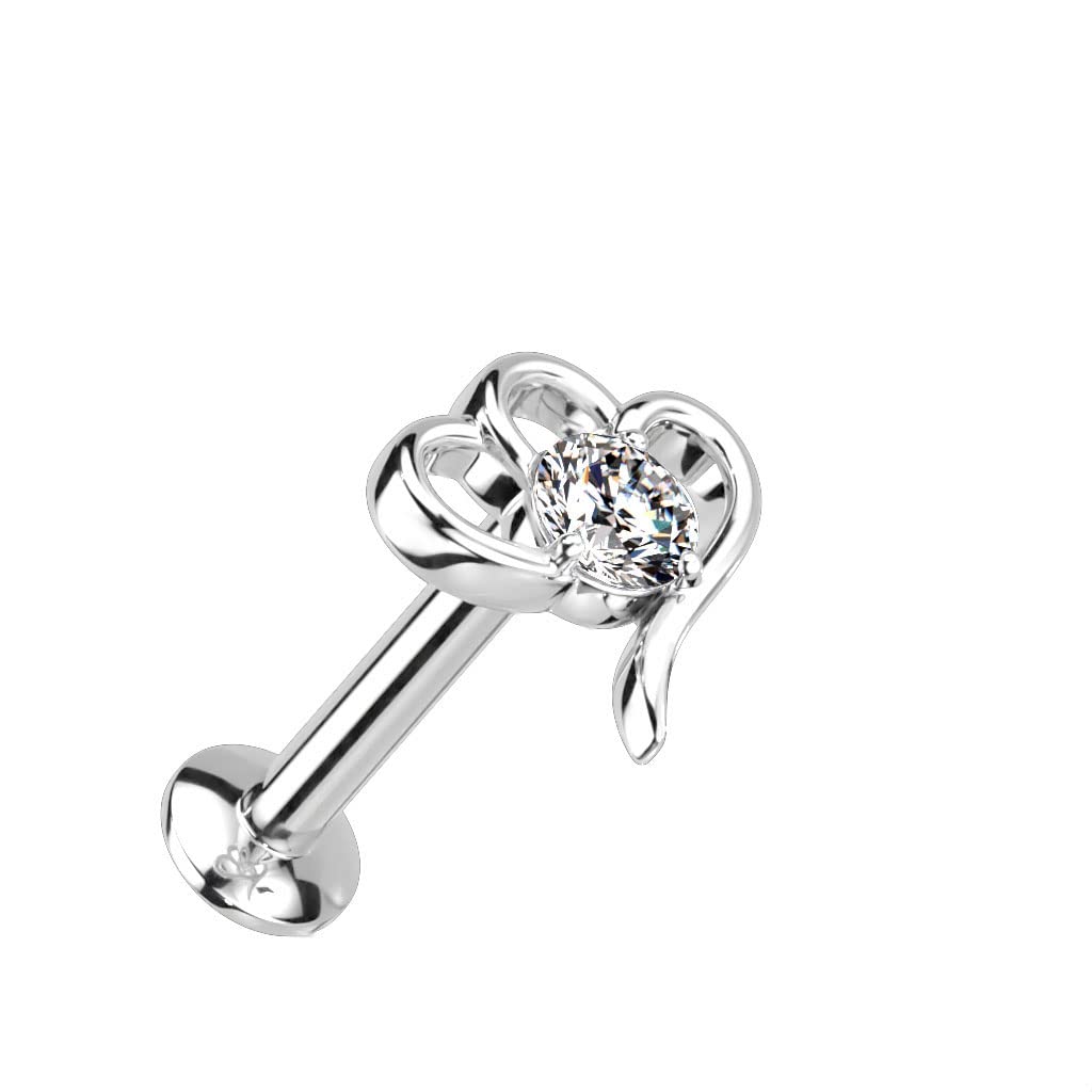 Amelia Fashion 16 GA Hollow Heart With CZ Center Threadless Push In Top 316L Surgical Steel Labret, Convex Back Stud (Choose Color) (L. 8mm - Clear)