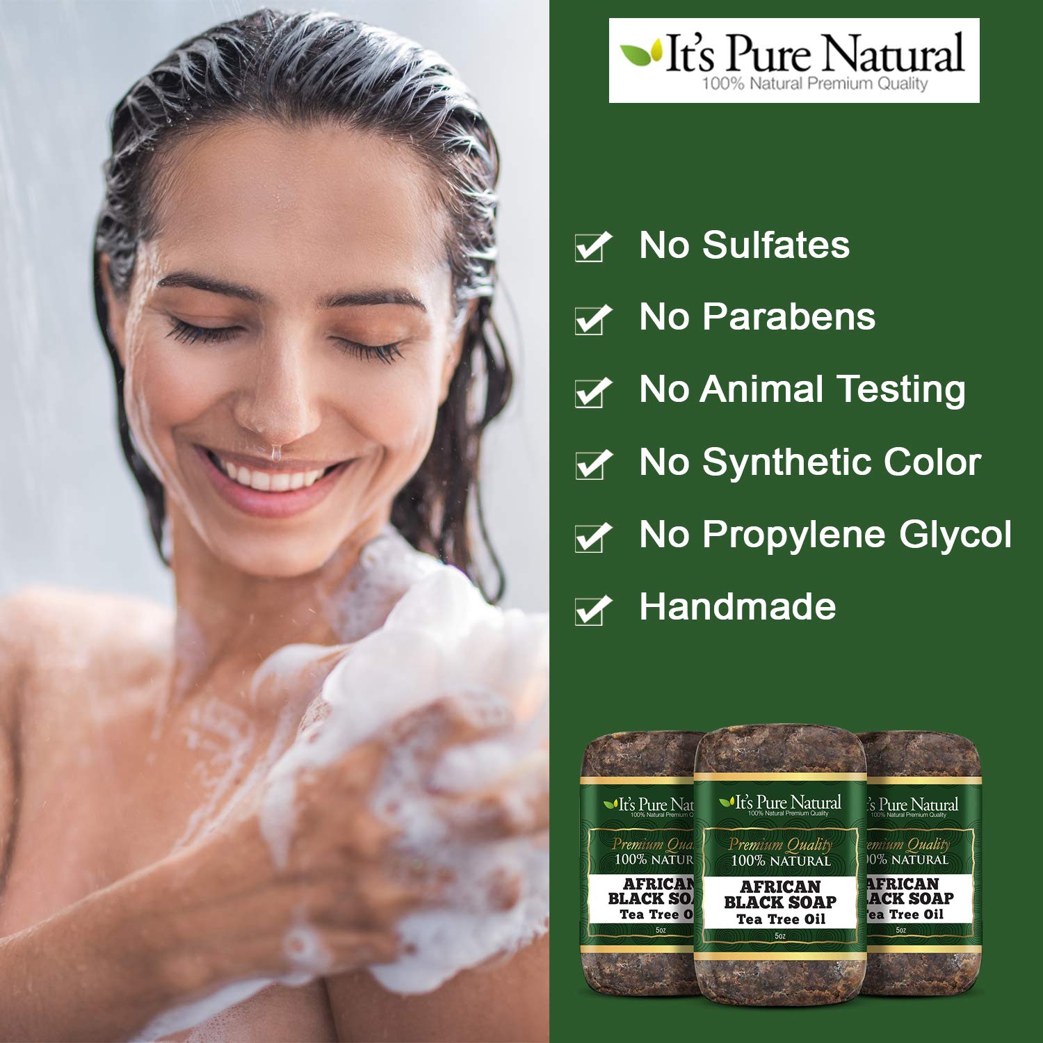It's Pure Natural African Black Soap Bars with Tea Tree (Pack of 3) Organic Raw Soap for Face & Body, Acne Treatment & Dark Spot Remover [Made in Ghana]