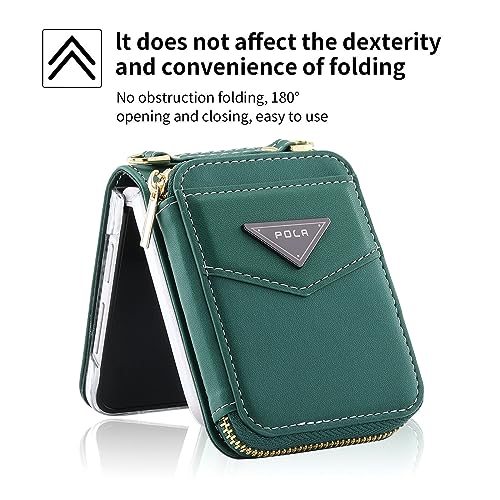 EAXER for Samsung Galaxy Z Flip 5 Case, Shockproof PU Wallet Folding Case Leather Zipper Crossbody Strap Cover (Green)