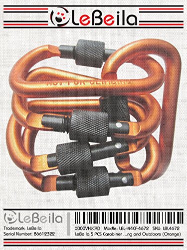 LeBeila 5 PCS Carabiner Climbing D Ring Keychain with Clip Durable Heavy Duty Aluminum Screw Locking Hooks for Hiking, Fishing and Outdoors (Orange)