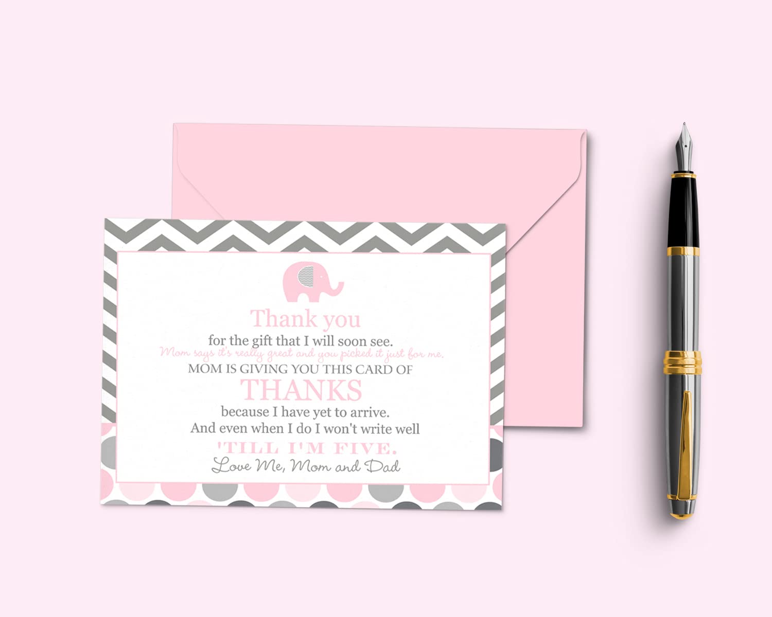 Pink Elephant Baby Thank You Cards, 15 Pack – Cute Baby Shower Notes with Envelopes Set, Prefilled Message, Customizable and Personalize Blank Stationery Royal Jungle, New Parents Gift Ideas
