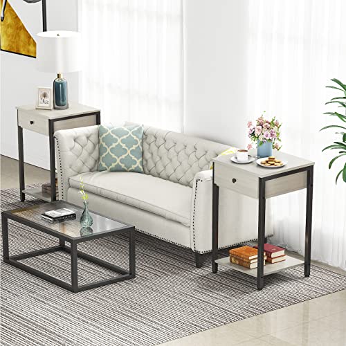 Ecoprsio Nightstand Set of 2 Modern End Table Side Table with Drawer and Storage Shelf Wood Night Stand Greige Bedside Table for Bedroom, Living Room, Sofa Couch, Hall, Easy Assembly, Greige