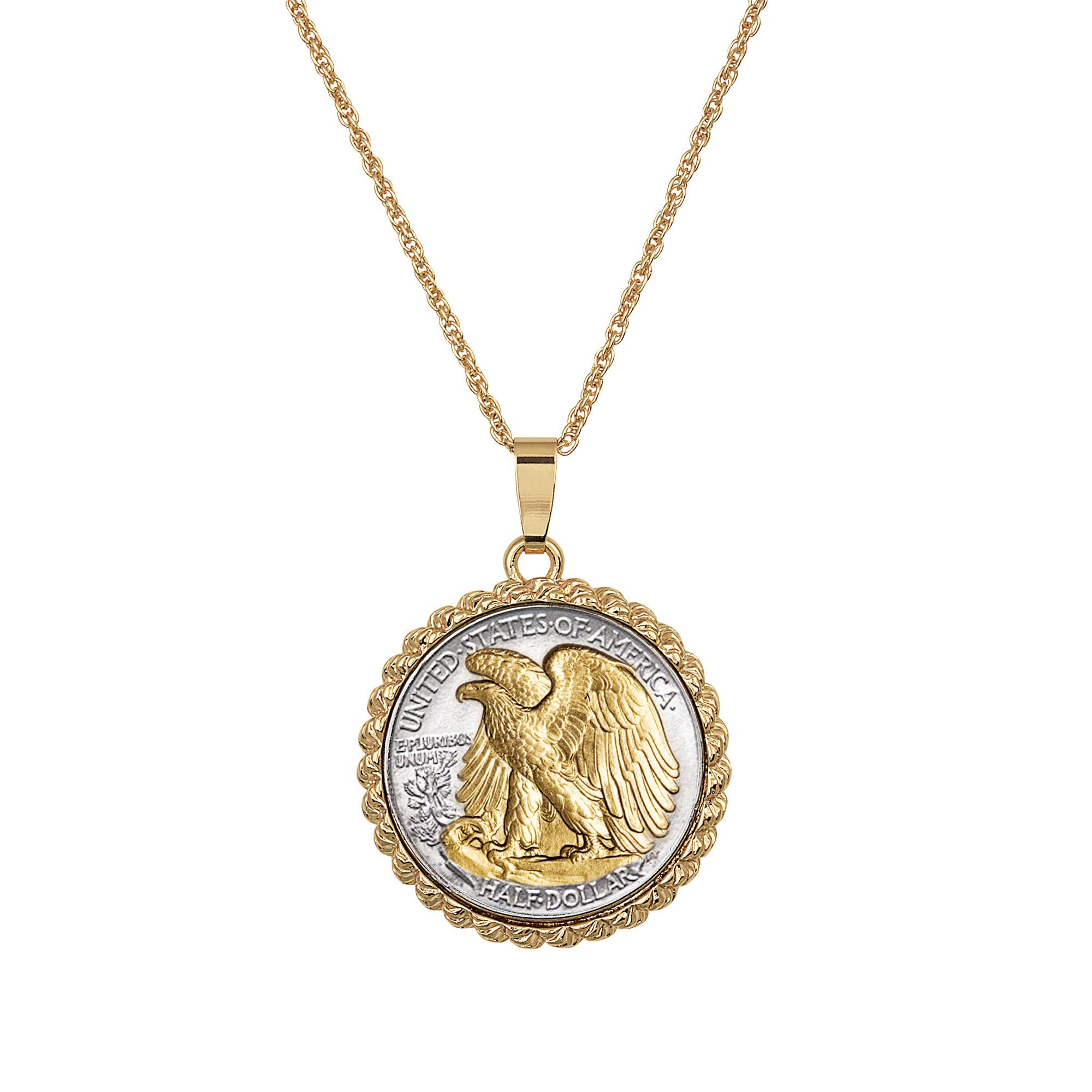 American Coin Treasures Coin Pendant Necklace Walking Liberty Half Dollarβ United States Genuine Coin | Eagle Reverse Side| Goldtone 24 Inch Rope Chain | Certificate of Authenticity
