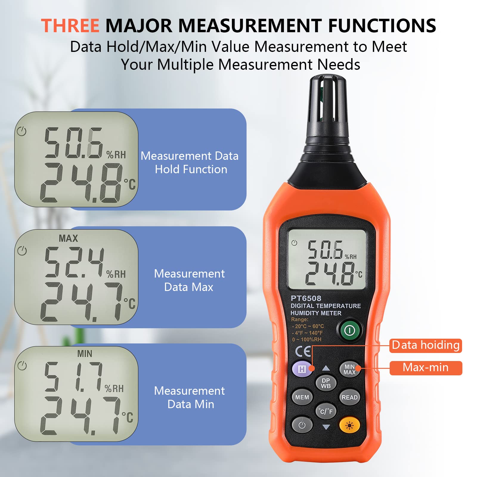 BROAIMX Digital Psychrometer Thermo-Hygrometer with Backlight, PT6508 Temperature and Humidity Meter Thermometer Hygrometer with Dew Point and Wet Bulb Temperature, 4*AAA Batteries Included
