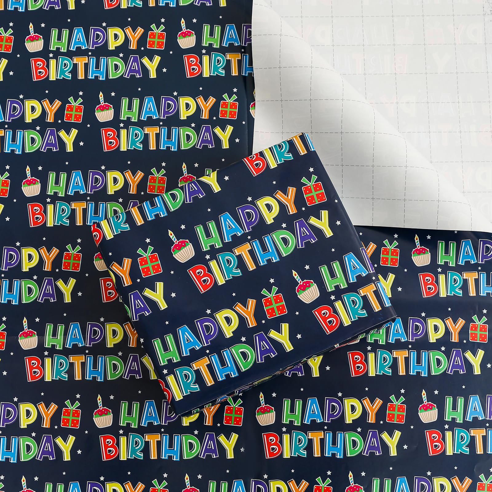 BULKYTREE Birthday Wrapping Paper with Cut Lines for Boys Girls Kids Men Women Holiday Birthday Theme Party - 3 Large Sheets Colorful Cake Happy Birthday Gift Wrap - 27 Inch X 39.4 Inch Per