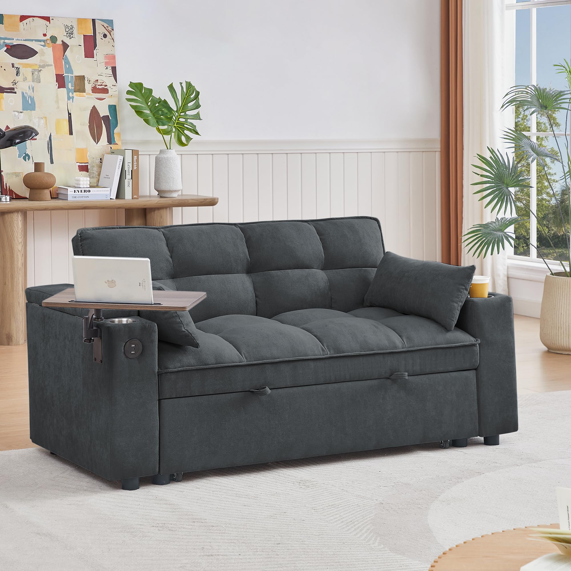 Auvsoce 65'' Convertible Queen Size Sleeper Sofa Bed.Modern Chenille Fabric Sofa with Pull Out Bed and 360 Degree rotatable Side Table for Living Room,RV, Trailer, Basement, Big Horn (Grey)