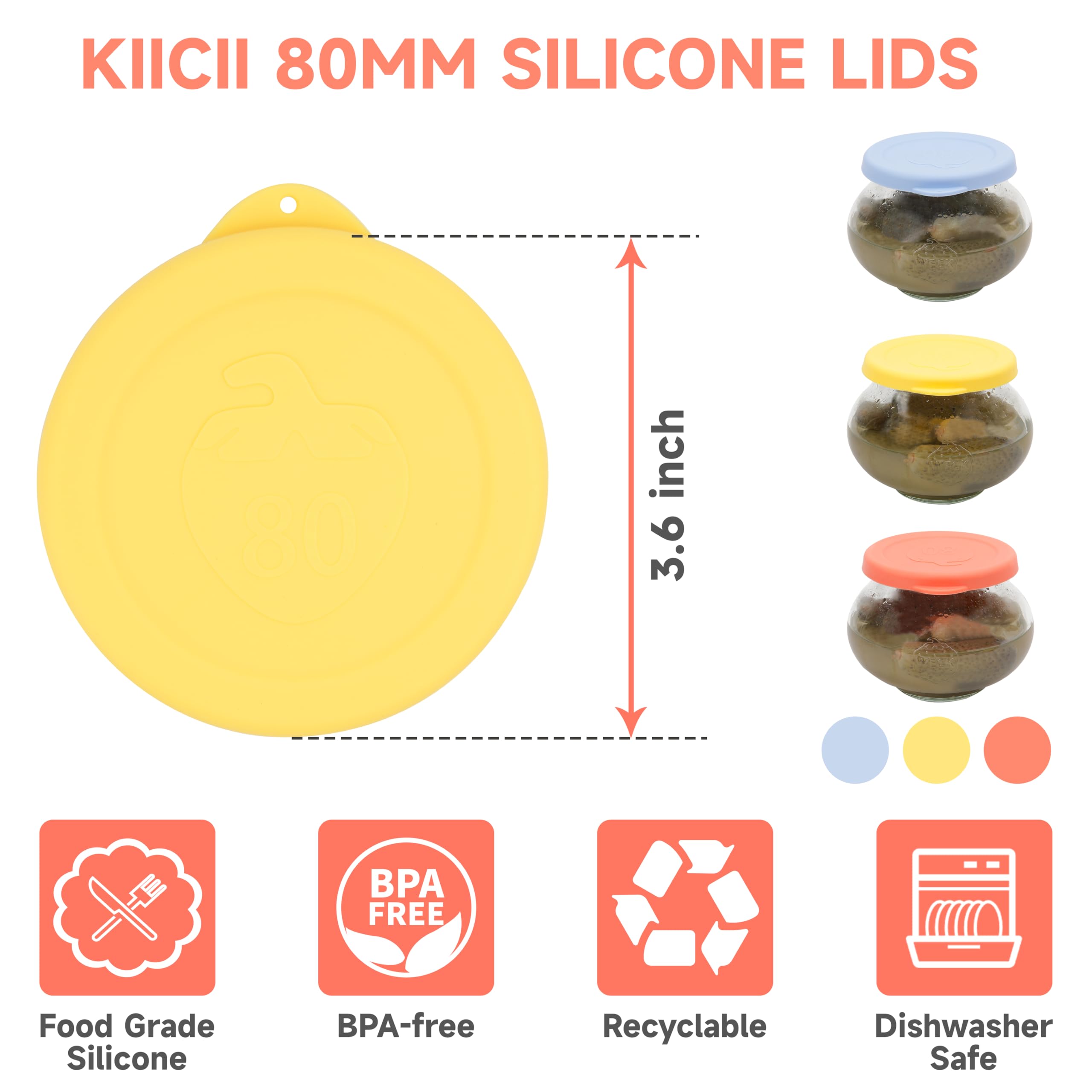 80mm Silicone Replacement Lids For Weck Jars, Airtight Keep Fresh Lids Fits Models 976, 900, 908, 996, 901，Microwave & Dishwasher Safe