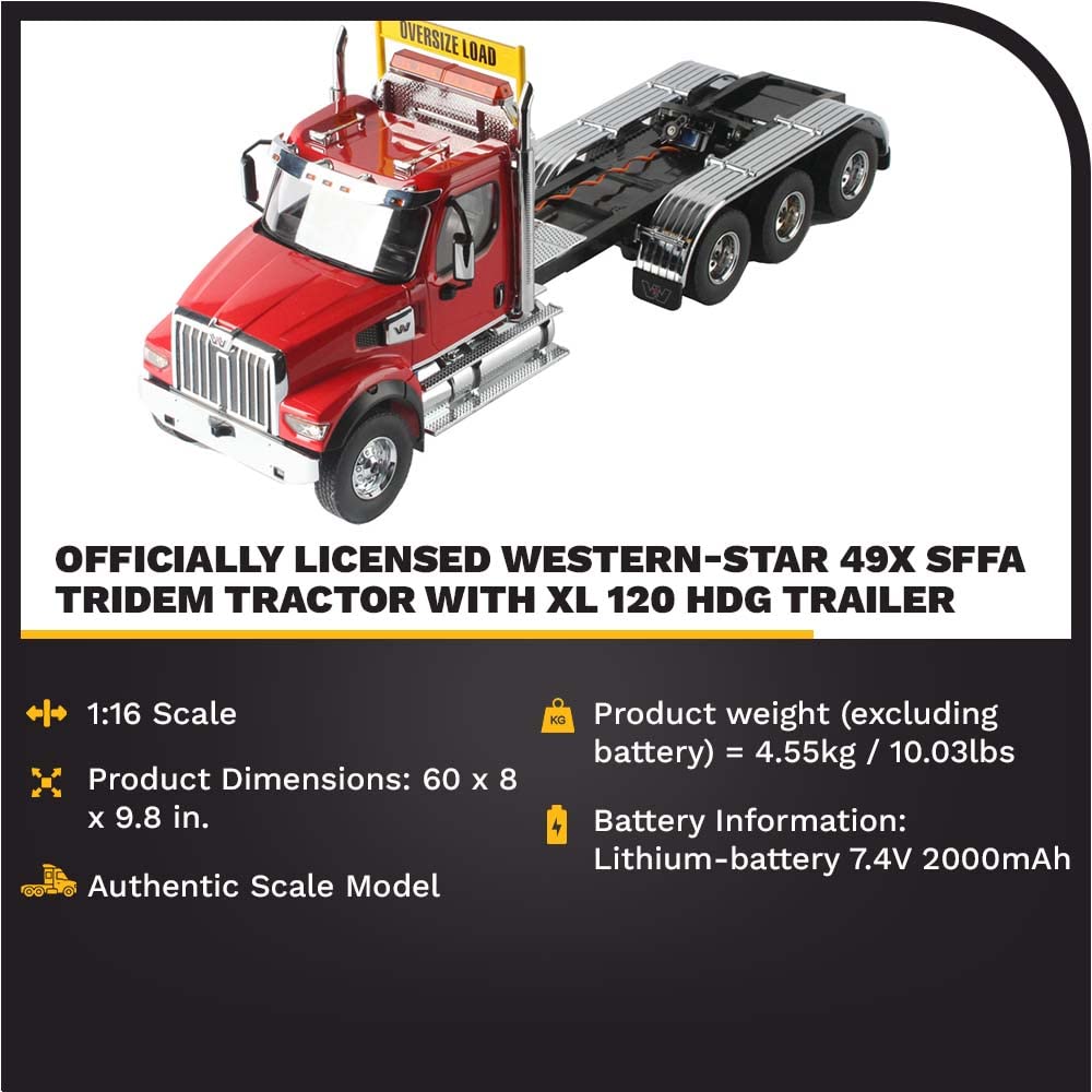 Diecast Masters RC Truck Western Star 49X SFFA Tridem Axle Heavy-Haul Tractor w/Lowboy Trailer | Radio Control Tractor Truck | 1:16 Scale Remote Control Truck and Trailer | Model 27010