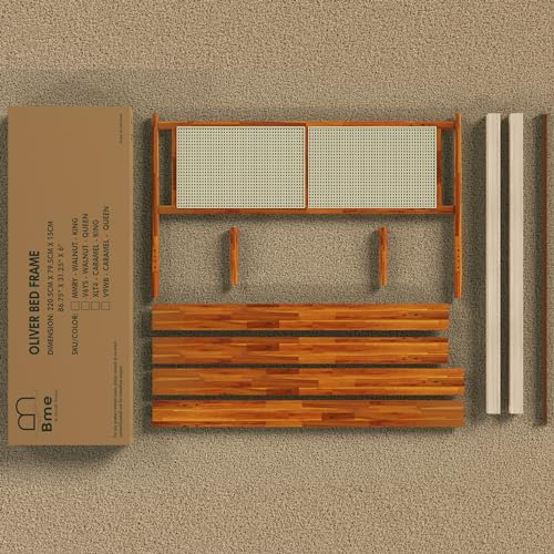 Bme Oliver Headboard Queen Size Bed Frame - 15-Inch Signature Design with Rattan Headboard, Bohemian and Mid Century Style, 12-Slat Wood Support, No Box Spring Needed - Easy Assembly, Caramel
