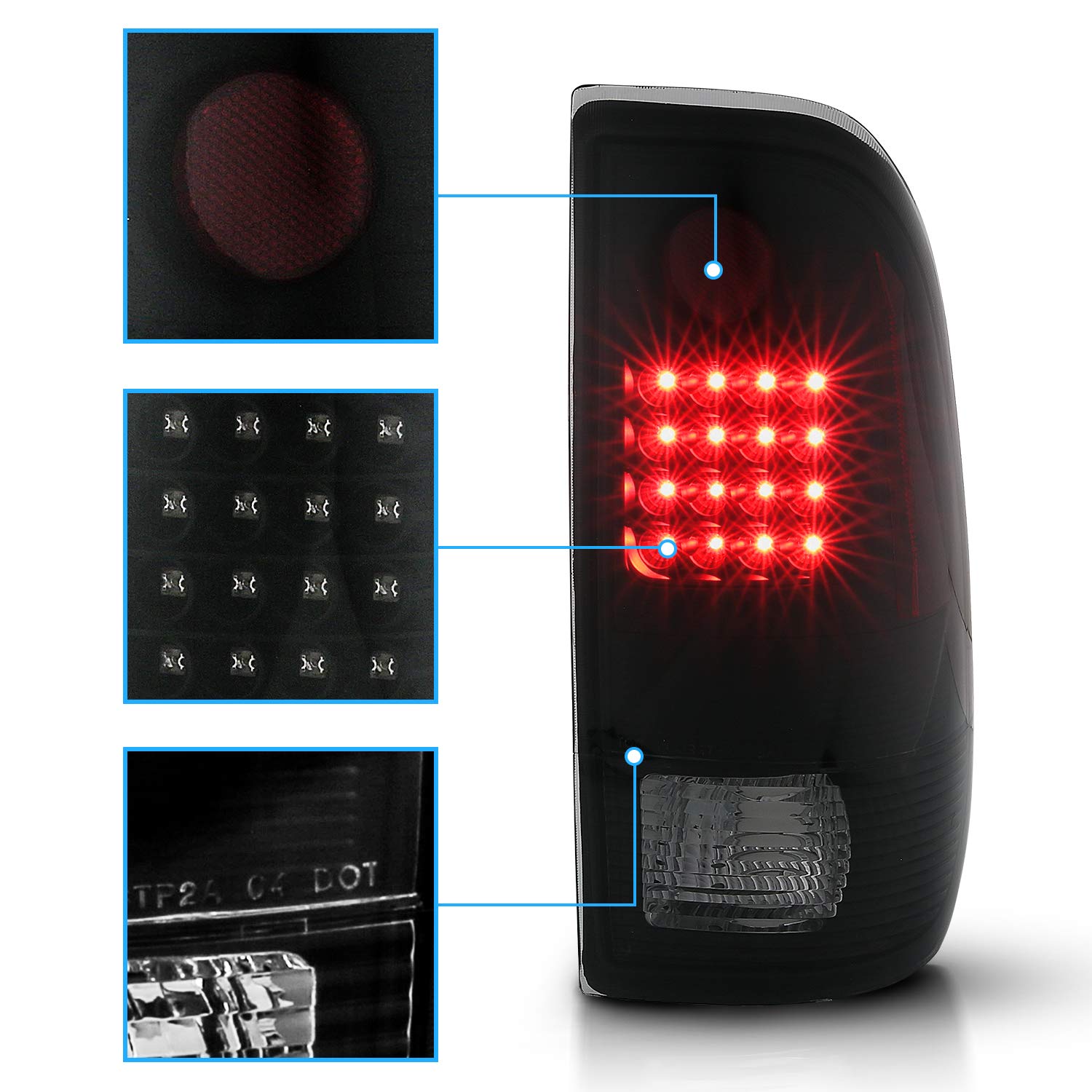 AmeriLite Dark Smoke Replacement LED Brake Turn Signal Tail Lights Pair For 97-03 Ford F150 / 99-07 F250 F350 - Driver and Passenger Set
