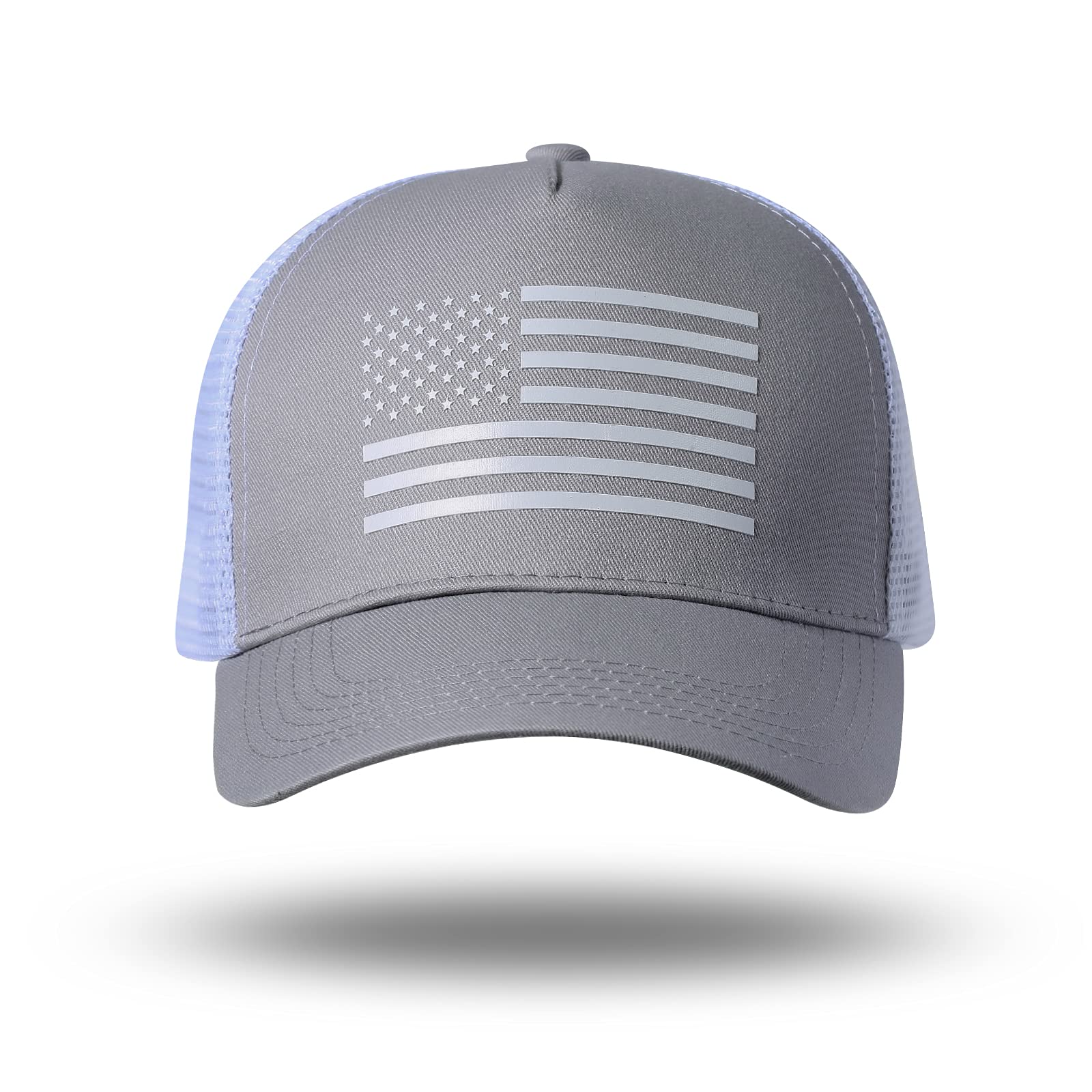 American Flag Trucker Hat - Snapback Hat, Baseball Cap for Men Women - Breathable Mesh Side, Adjustable Fit - for Casual Wear Gray/White