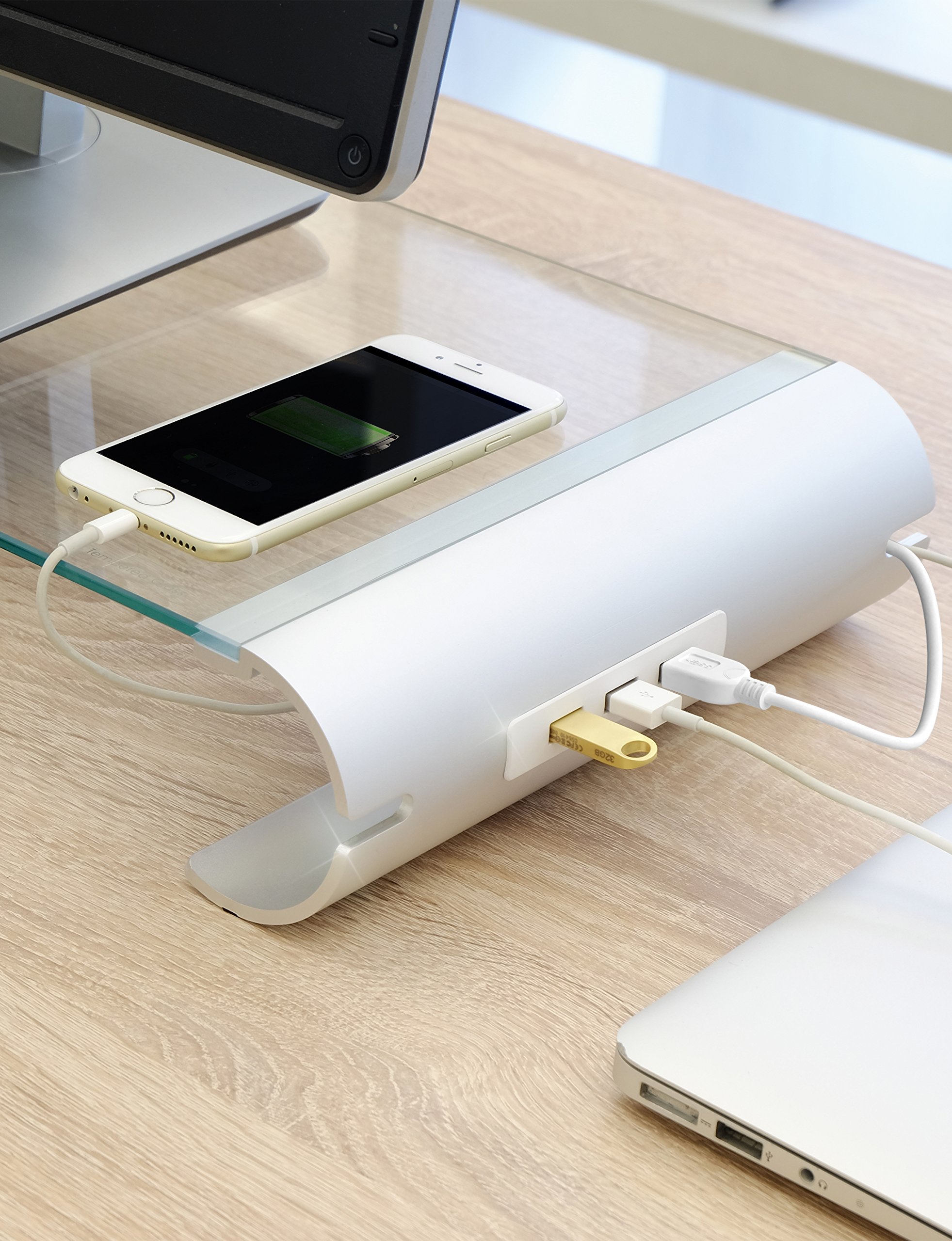 j5create Monitor Stand with 3-port USB 3.0 HUB JUT325 | Aluminium Legs and Clear Tempered Glass Monitor Riser | Compatible with iMac/Windows/Chrome/Linux Laptop, Macbook