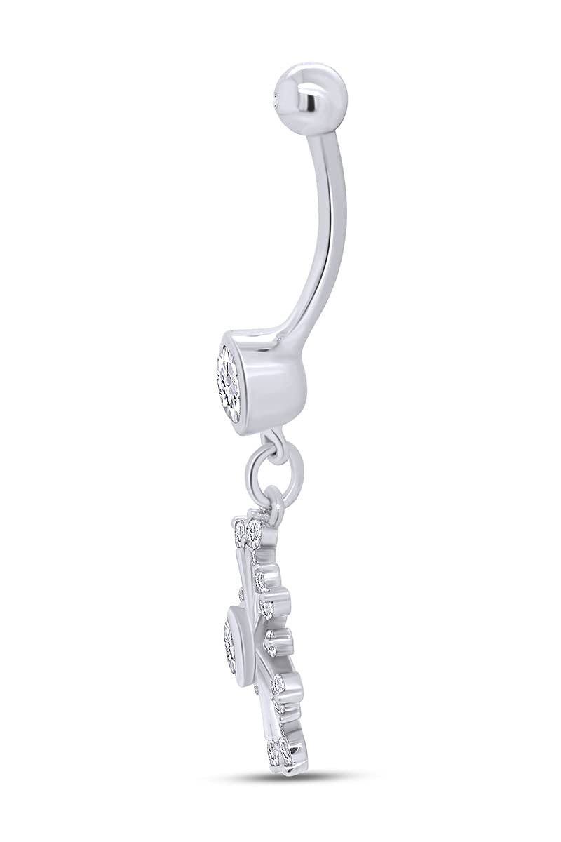 AFFY Round Shape Sparkling White Cubic Zirconia Snowflake Belly Button Navel Ring in 14K White Gold Over Sterling Silver
