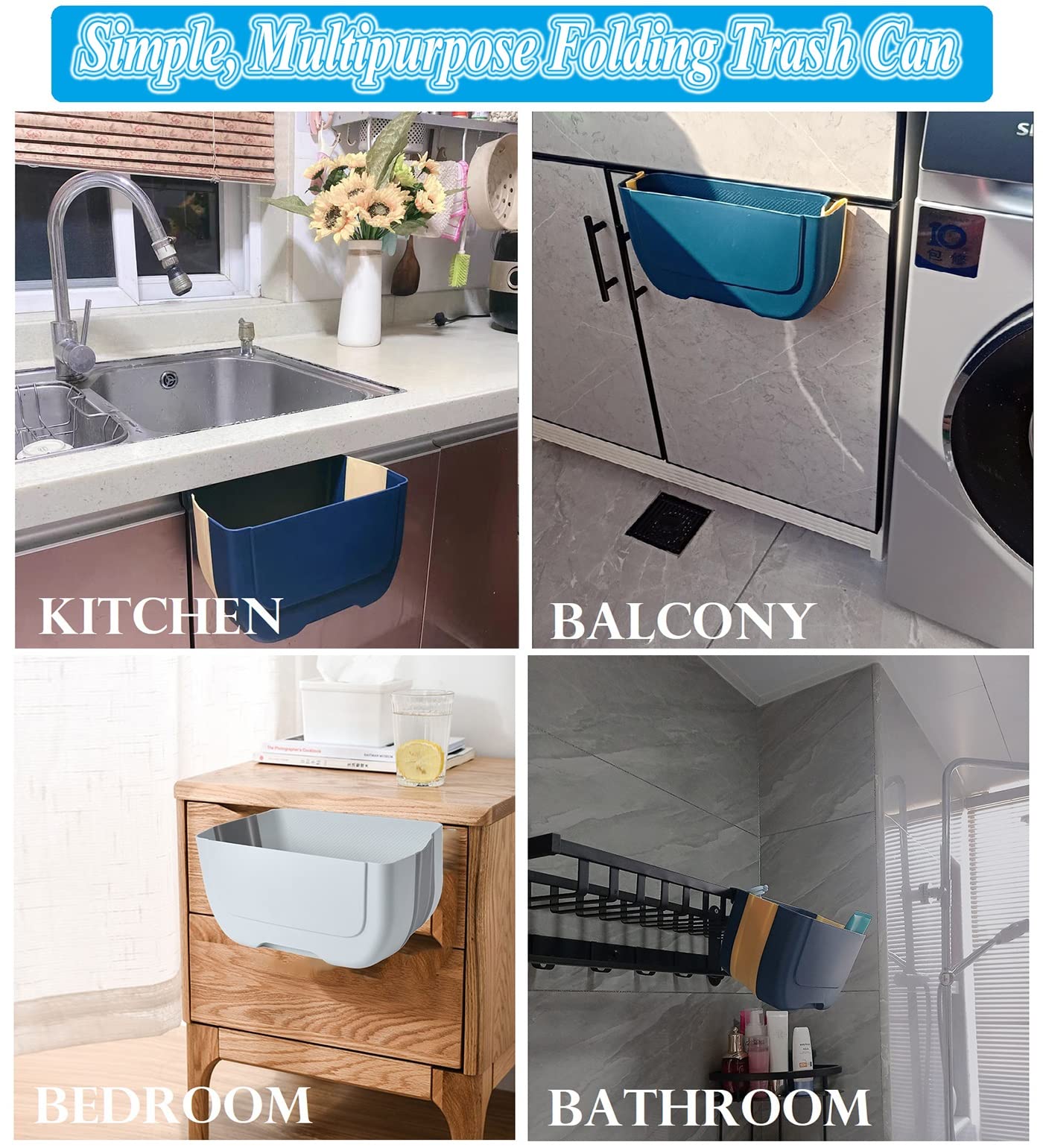 Hanging Kitchen Trash Can,Foldable Waste Bin for Kitchen,Hanging Folding Mini Trash Can for Kitchen Cabinet Door,Collapsible Hang Small Plastic Garbage Can for Cabinet/Car/Bedroom/Bathroom 3L(Blue)