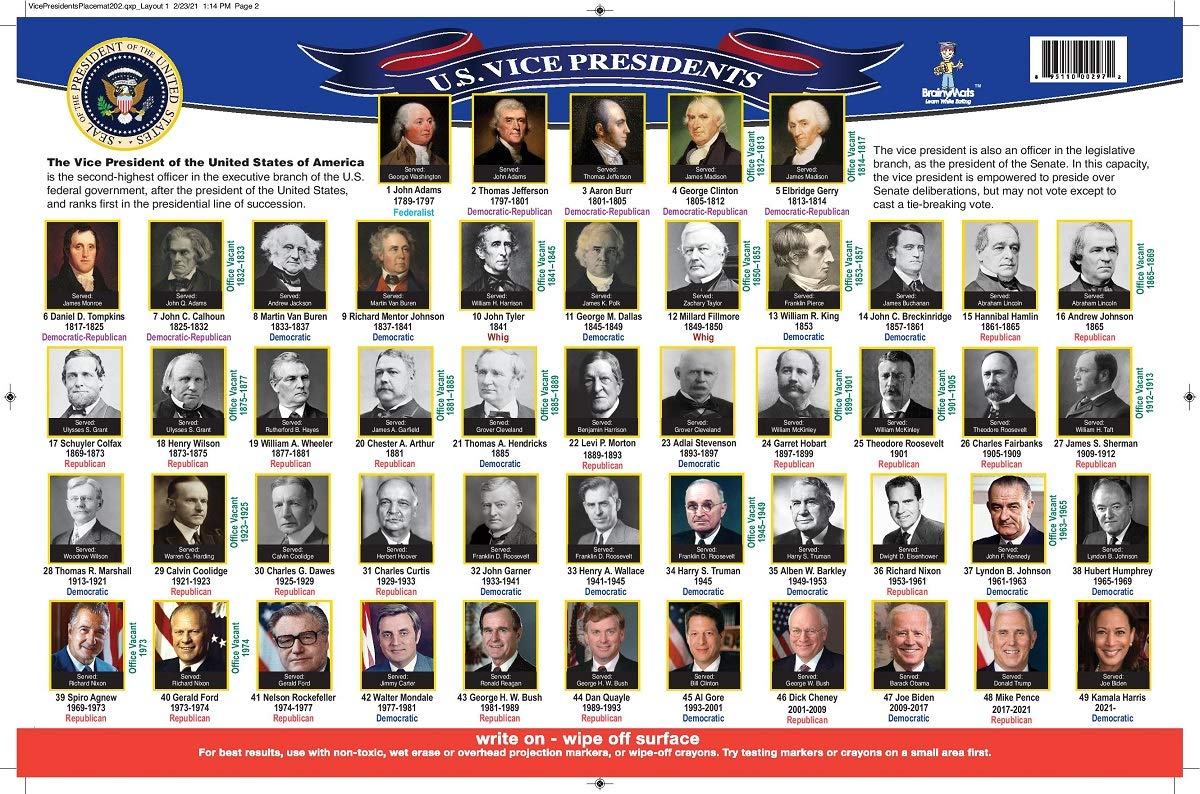 Brainy Mats Presidents Placemat for Kids 17 X 11