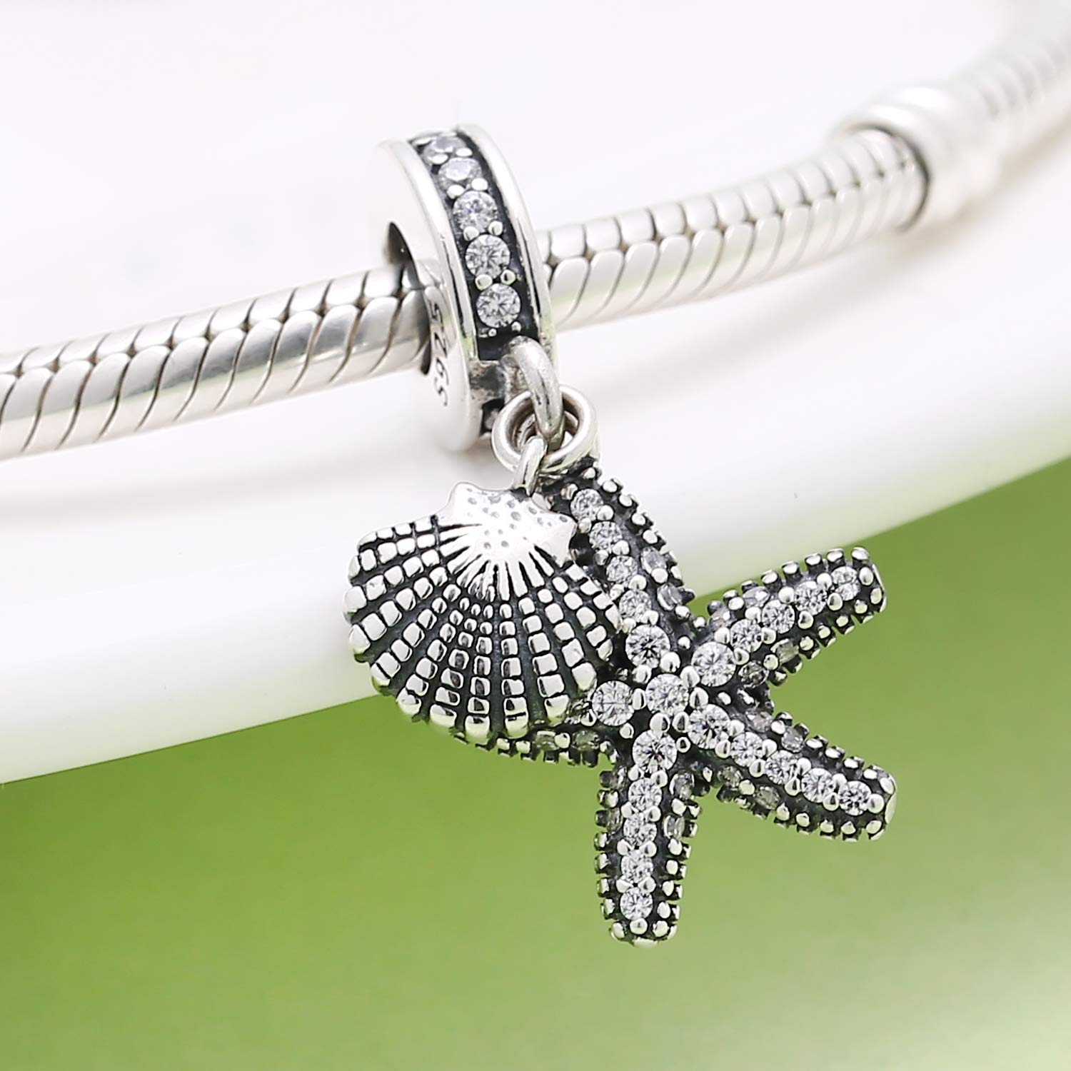 ABUN Sea Starfish Charms 925 Sterling Silver Dangle Spacer Charms with CZ Stone for Bracelets (Rose Gold Clear)