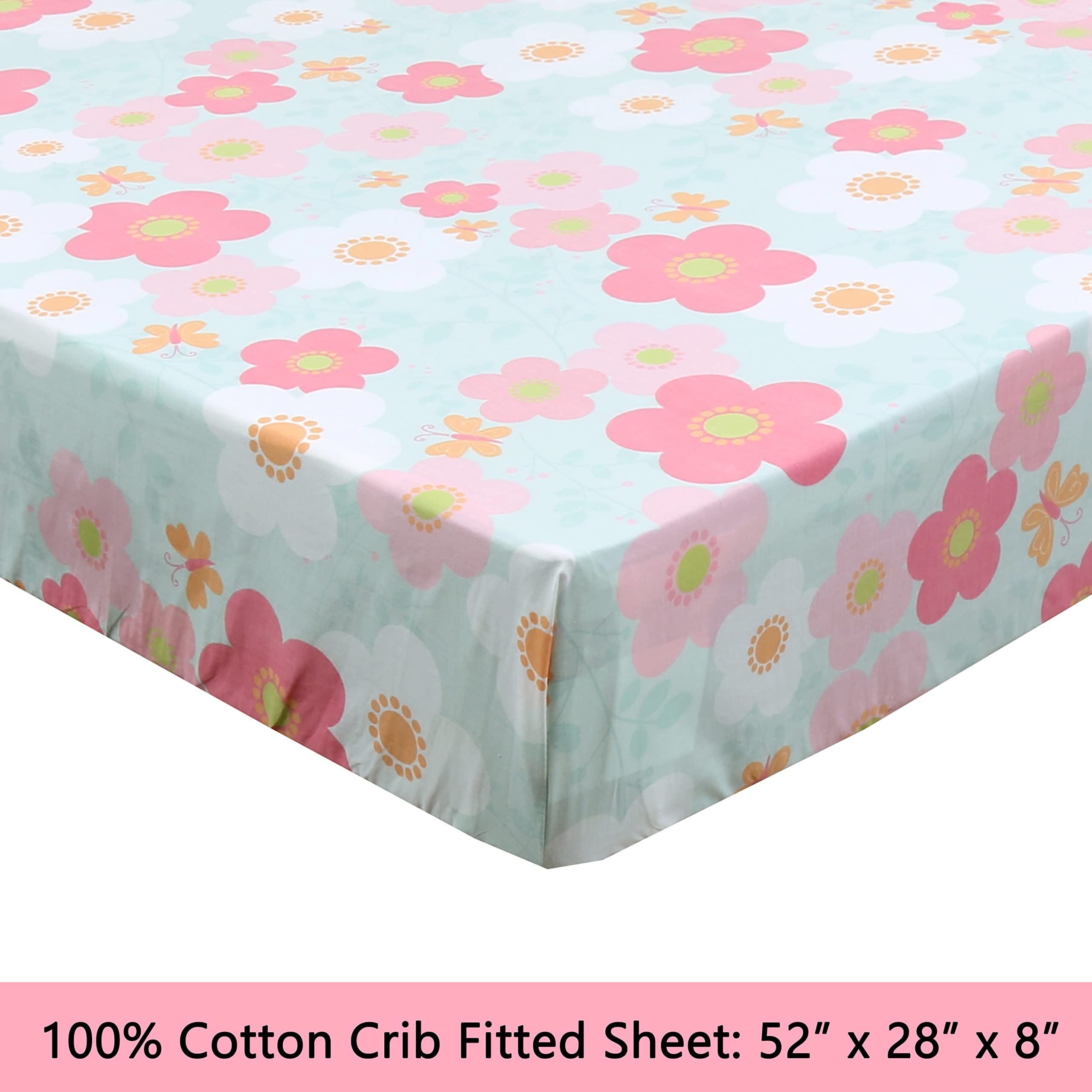 Danica 3-Piece 100% Cotton Toddler Sheet Set for Boys & Girls, Includes Top Sheet, Fitted Sheet, Standard Pillow Case (Pink Flower)