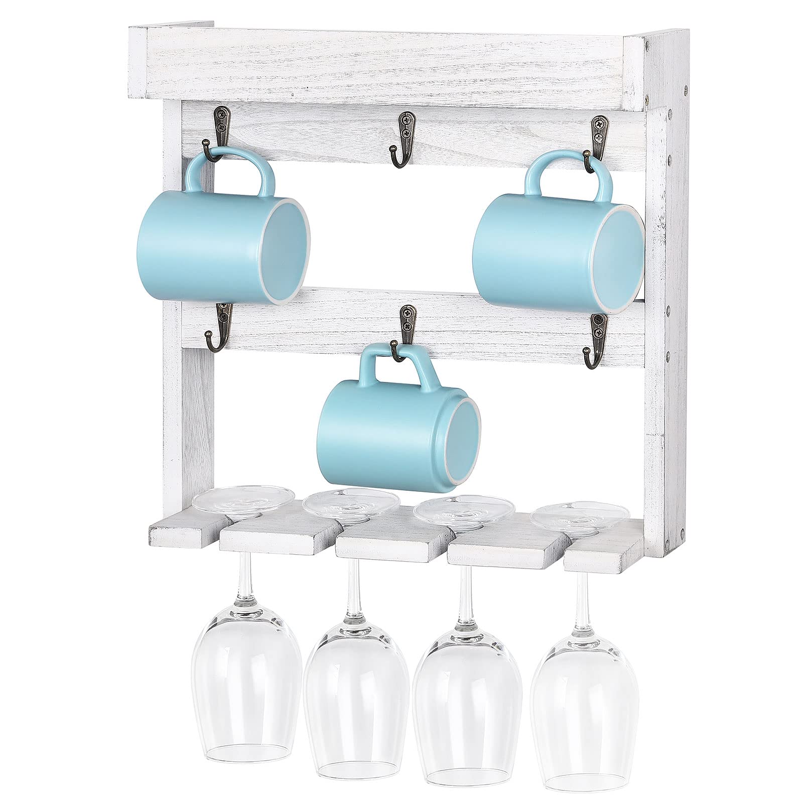 NANANARDOSO Wood Coffee Mug Holder Stand, Wine Glass Rack, Coffee Cup Holder Wall Mounted with 6 Hooks and 4 Stemware, Coffee Mug Rack for Home Kitchen Countertop Display and Collection, White