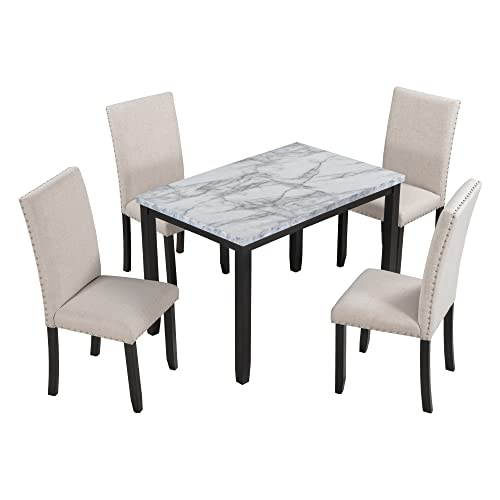 BIADNBZ 5-Pieces Dining Table Sets for 4,Wooden Kitchen Furniture with Faux Marble DiningTable and 4 Upholstery Chairs for Small Space,Breakfast Nook,Restaurant,Modern Style, White+Black
