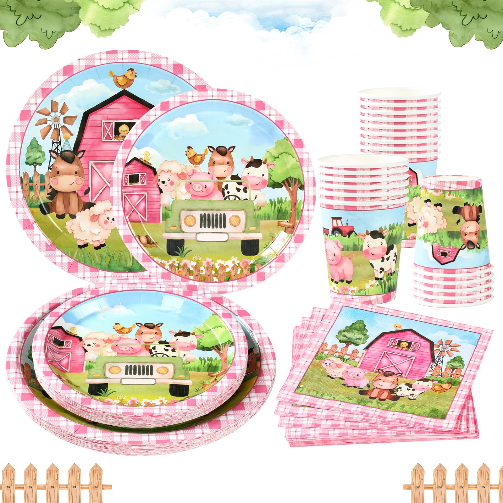 Pink Watercolor Farm Birthday Party Supplies Plates Set for 24 Guests,96 Pieces Cute Pink Animal Baby Shower Plates Napkins Cups Tableware for Barnyard Farm Animals Themed Party Decorations for Girl