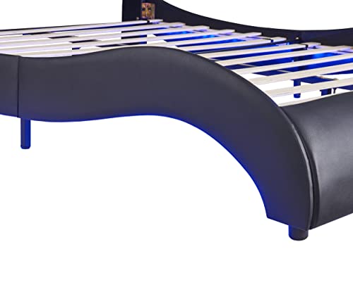 BIADNBZ Full Size Wavy Platform Bed with Adjustable LED Light, Modern Upholstered Faux Leather Bedframe for Kids w/Wooden Slats Support, No Box Spring Needed, Easy Assembly, Black