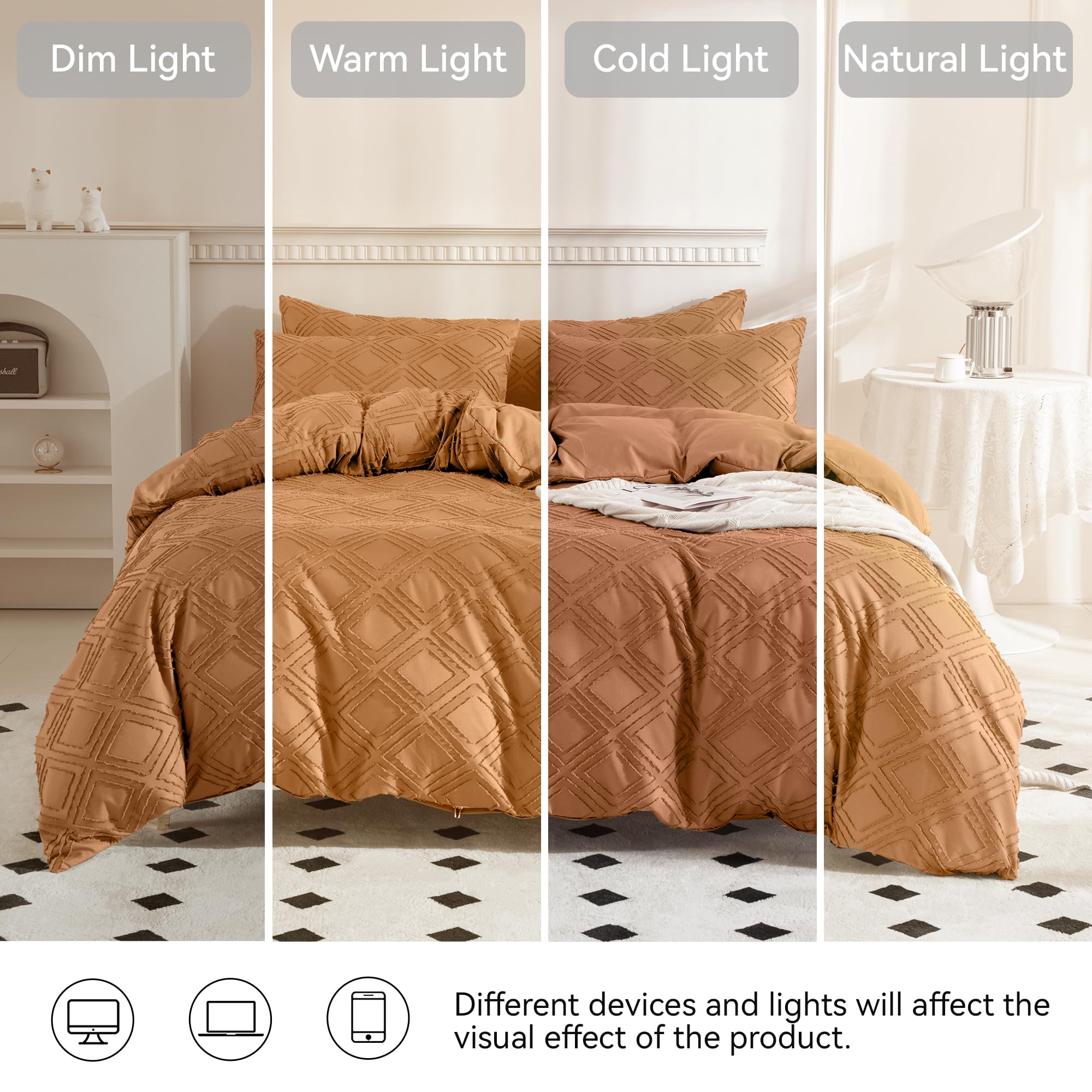 JELLYMONI Duvet Cover Queen, Rust Microfiber Tufted Duvet Cover Set, Boho Textured Duvet Cover Jacquard Rhombus Geometric Pattern Duvet Cover with Corner Ties & Zipper Closure