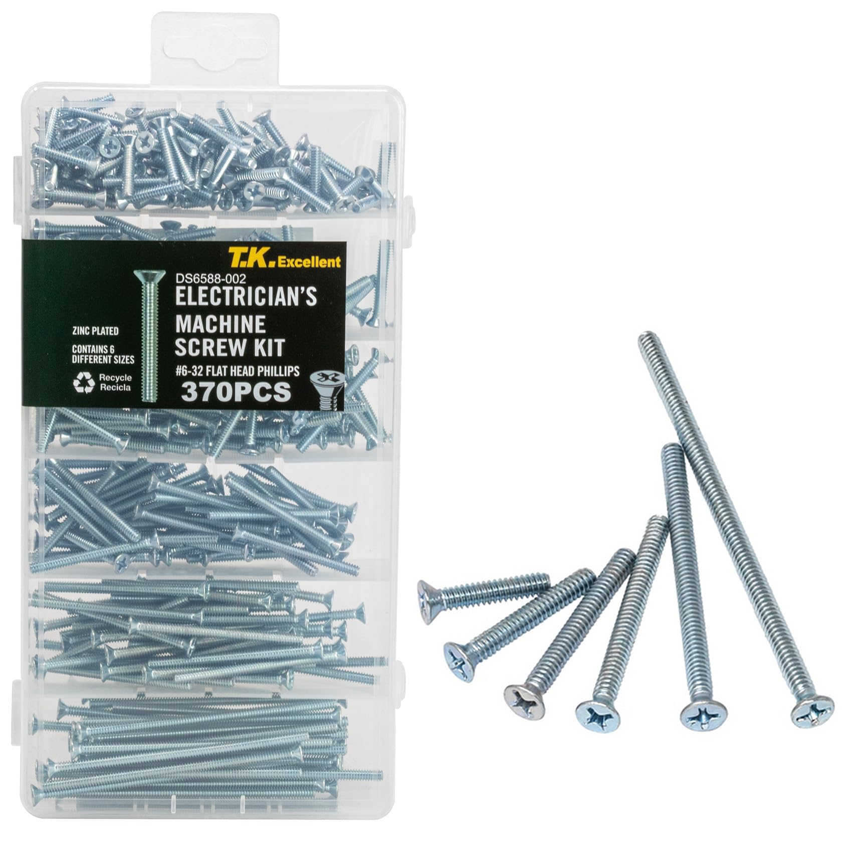 T.K.Excellent Flat Head Phillips #6-32 Electrician's Machine Screw Kit,370 Pcs Assorted Screws, Wall Plate Screws, Outlet Screws