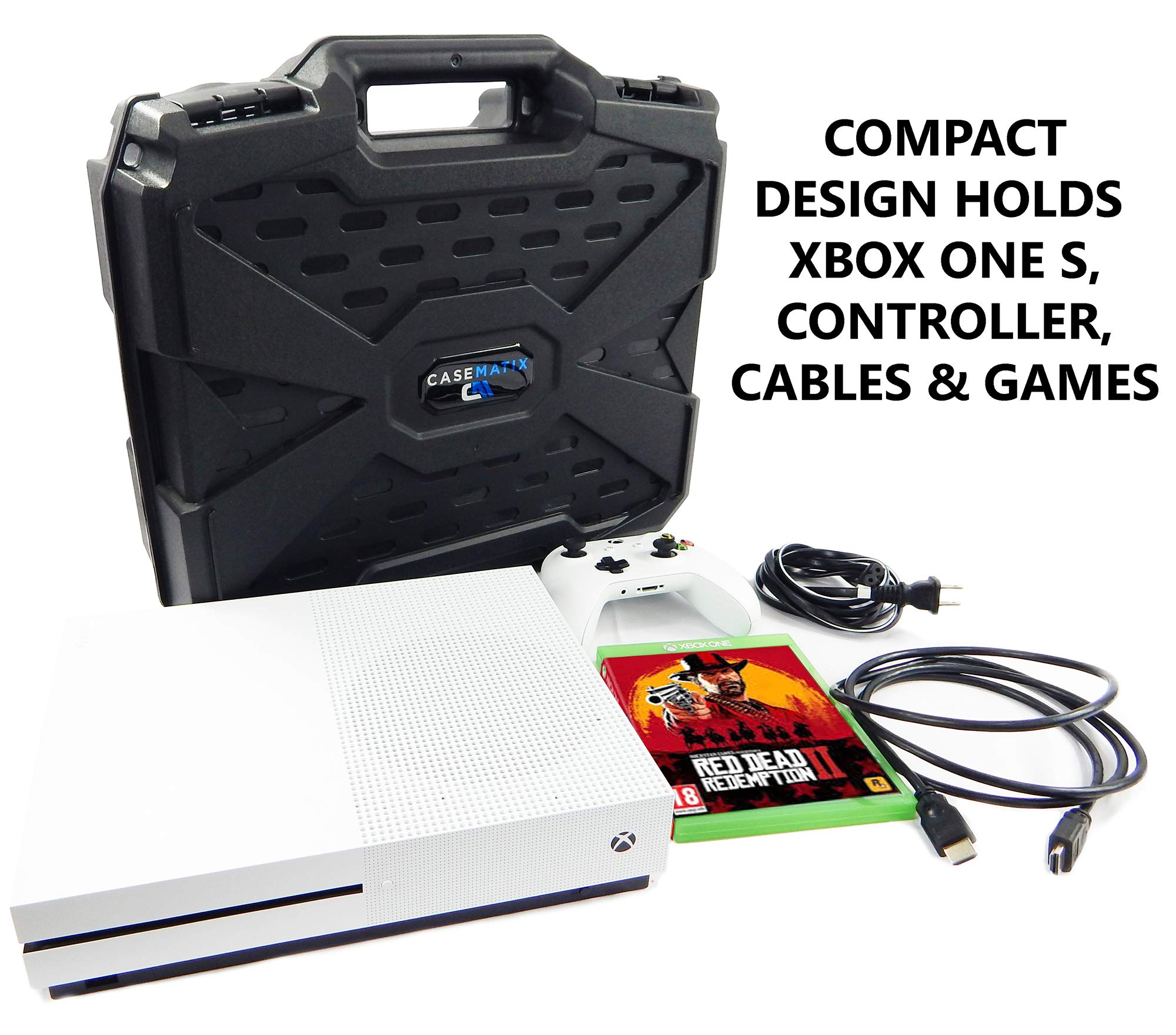 CASEMATIX Travel Case Compatible with Xbox One S - Hard Shell Carrying Case with Protective Foam Compartments for Console, Controller, Power Adapter, Games and More Accessories, Case Only