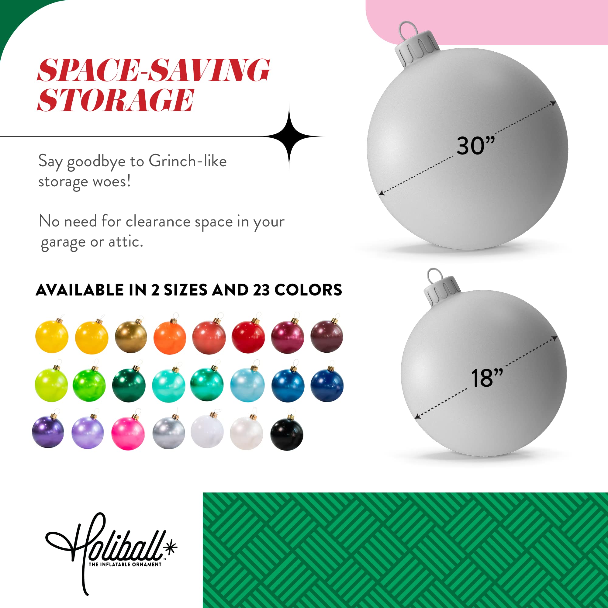 Holiball Inflatable Holiday Ornament – Indoor and Outdoor Use– Reusable and Storage Friendly – The Ultimate Holiday Decoration – 18" – Holly Green