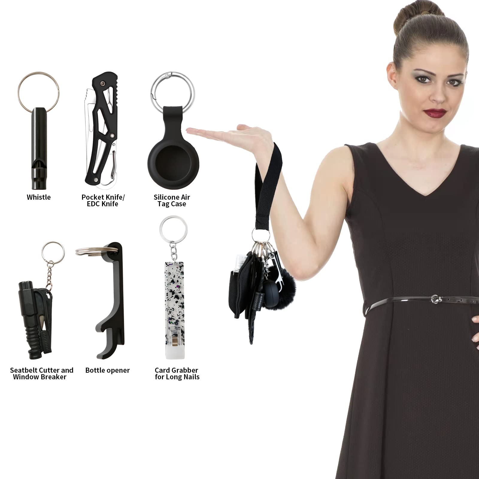 Araafur Leather Wristlet Keychain Set with Personal Alarm and Bottle Opener, Car Keychain Accessories for Women (Black 2)