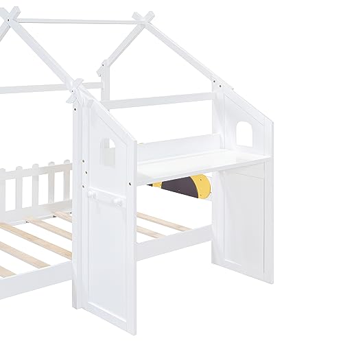 BIADNBZ Twin Size House Bed Frame with Desk and Two Handles, Wooden Platform Bedframe w/Windmill, Roof&Flower Decor, for Kids Boys Girls Bedroom, White