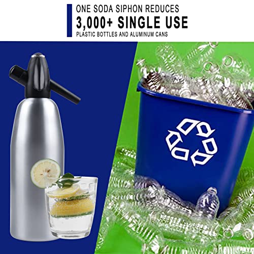 KOUPOURA Soda Siphon, Upgraded 1L Soda Water Siphon Portable Soda Maker Seltzer Water Maker Seltzer Siphon Bottle Kit for Home Bar Club Making Soda Water DIY Soda Drinks (Silver)