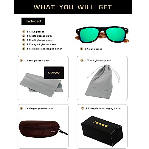 ANDWOOD Wood Sunglasses Polarized for Men Women Uv Protection Wooden Bamboo Frame Mirrored Sun Glasses Green Shades