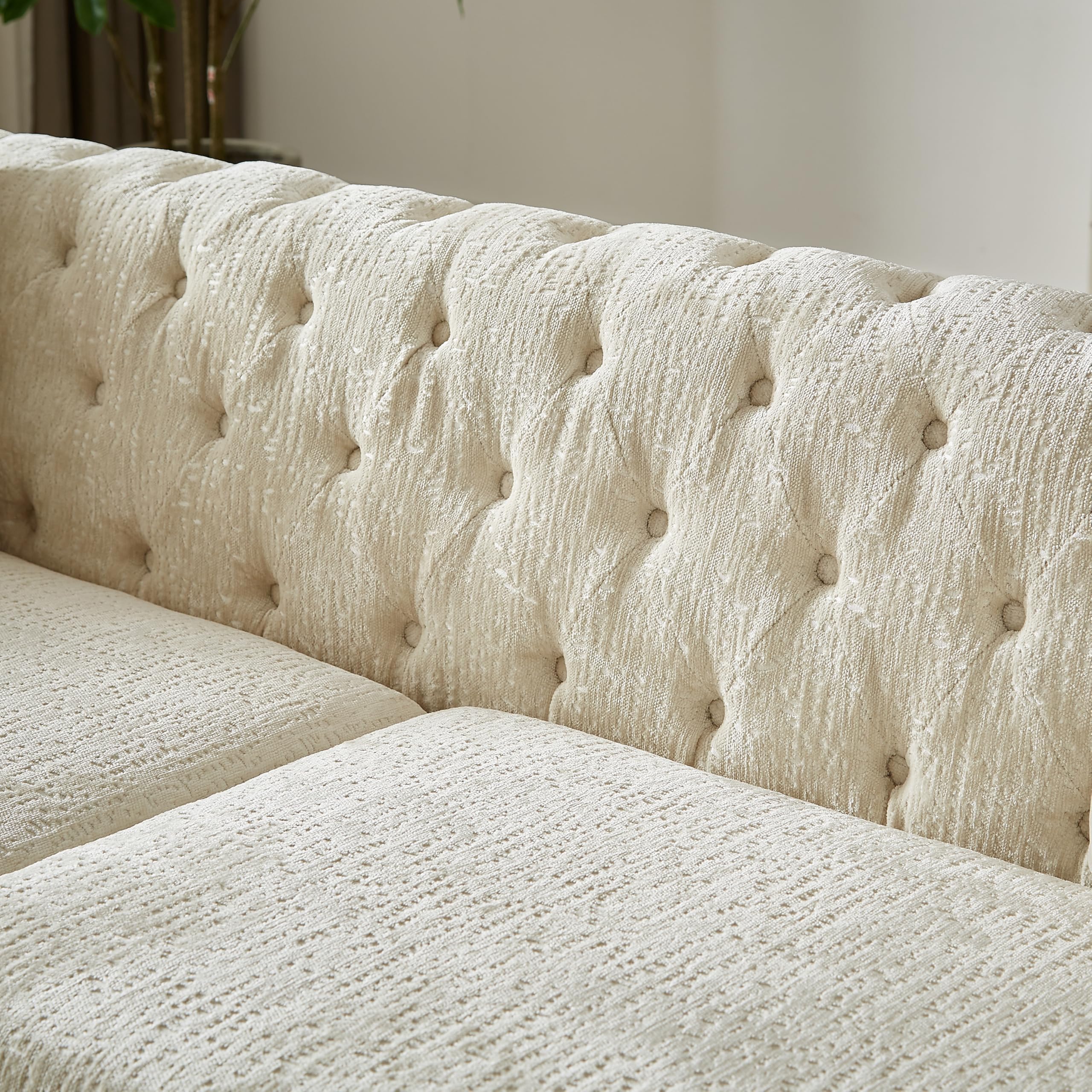 82 Inch Modern Living Room Chenille Sofa,Extra Deep Seats Sofa With Copper Nail Decoration Armrest,Chenille Pull Buckle Design Sofa,Comfy Loveseat Sofa with Metal Legs, Easy to Install(Beige)
