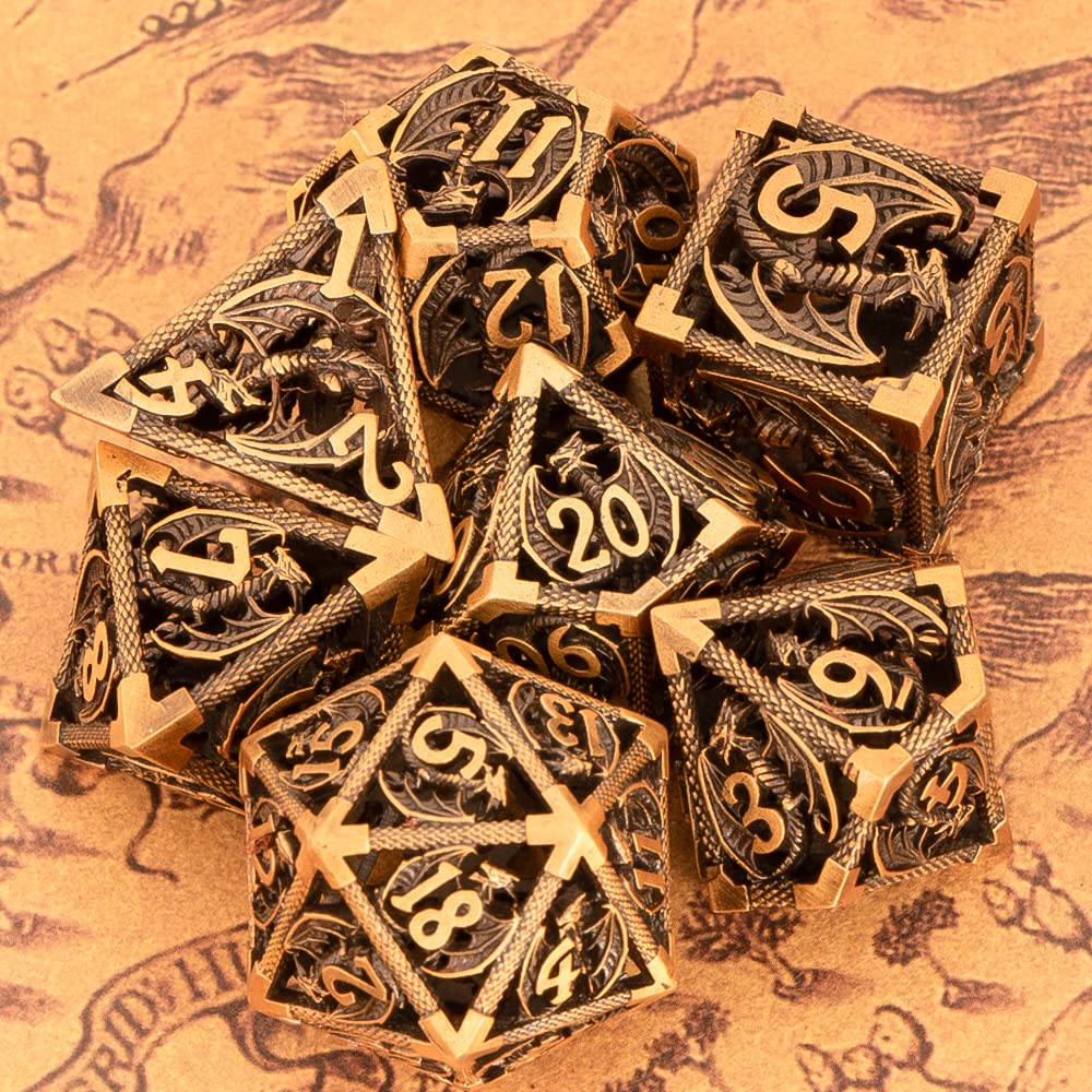 Hollow Metal Dice Set Dragon DND Dice Box, Polyhedral Dungeons and Dragons Dice for RPGs Role Playing Games, MTG, Pathfinder, Shadowrun, Math Teaching, D20 D12 D10 D8 D6 D4 D&D Dice Set