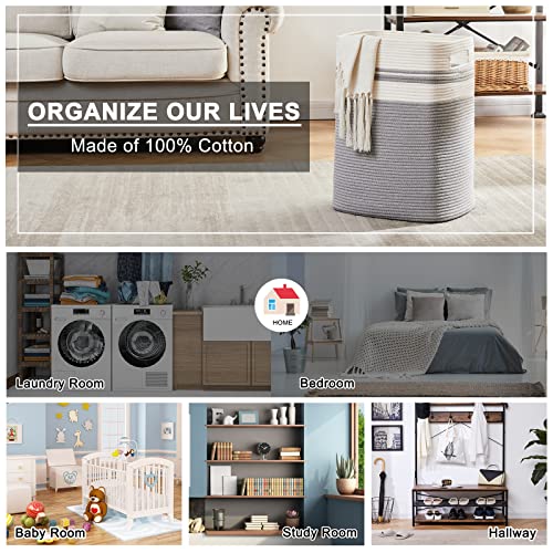 OIAHOMY Laundry Hamper-Laundry Basket,Tall Cotton Storage Basket with Handles,Decorative Blanket Basket for Living room,Collapsible Large Basket for Toys,Pillows,Clothes Organizer-16x13x22in-Gray