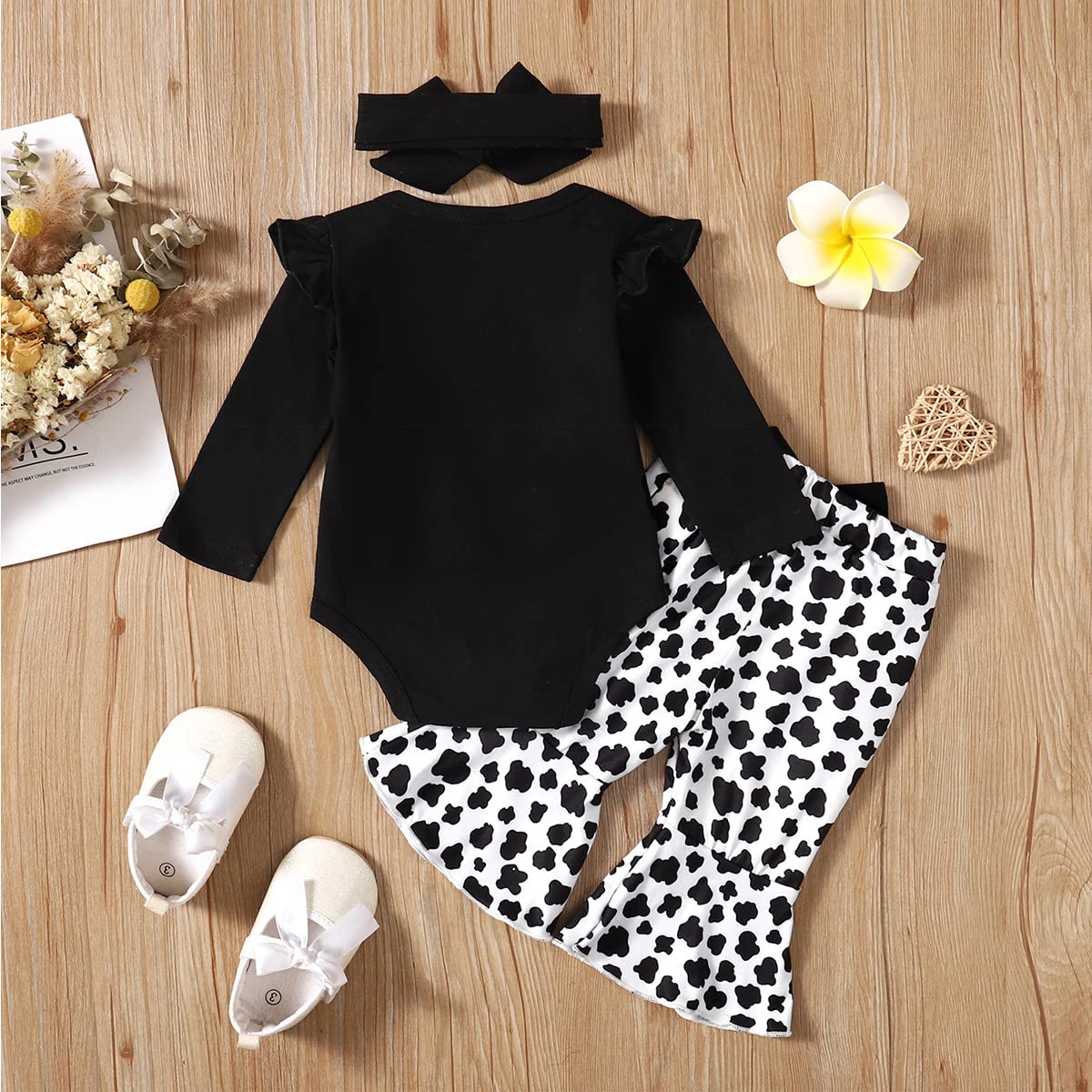 Aslaylme Baby Girl Clothes Flare Pant Outfit A Little Bit Dramatic Bodysuit (Black, 12-18 Months)