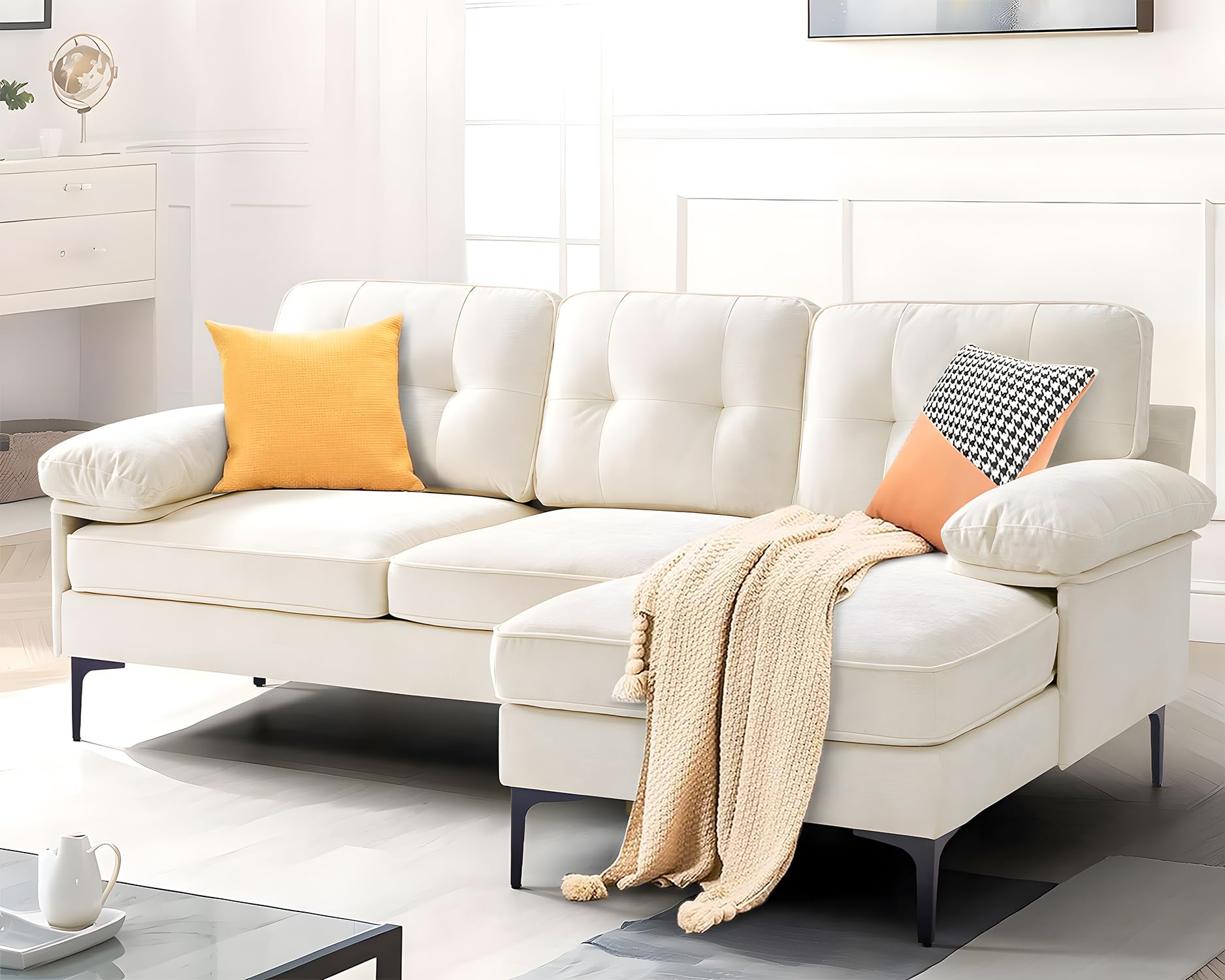 82" White Sectional Couch w/Chaise, Chenille Cream Convertible L Shaped Sofa Couch, Mid-Modern Century 3 seat Pet-Friendly Couch for Living Room, Apartment, Office with Removable & Washable Cushions