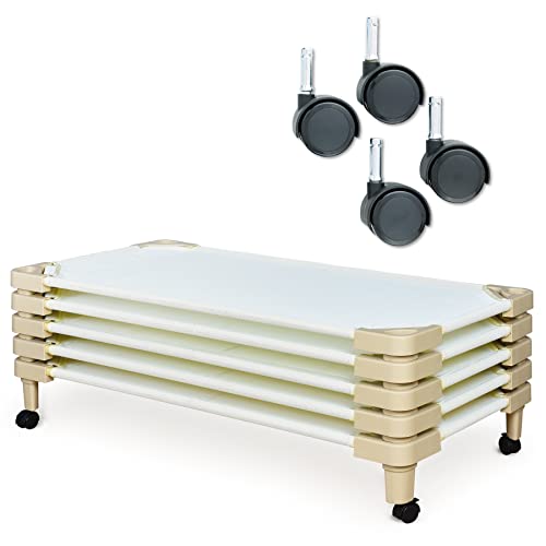 KRAND Kids Stackable Daycare Cot Rest Mat with Easy Lift Corners for Toddler Naptime at Preschool Classroom,Standard 22" W x 52" L (Ivory/Pack of 5, Wheels Included)