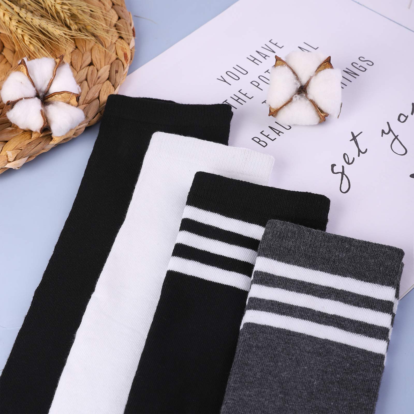 Aneco 4 Pairs Thigh High Knee Socks Extra Long Boot Stockings for Women (Black, White, Triple Stripes Style)