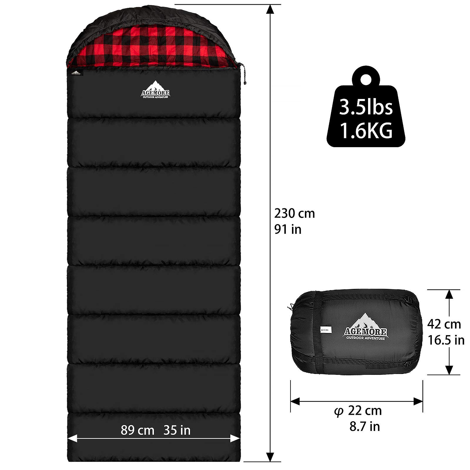 AGEMORE Cotton Flannel Sleeping Bag for Adults, Lightweight XXL Cotton Sleeping Bag for Camping Backpacking or Hiking, Water Resistant 3-4 Season Sleeping Bag for Warm & Cool Weather
